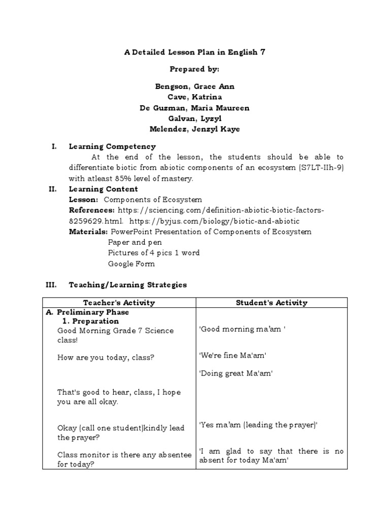 Group 3 Lesson Plan Pdf Ecosystem Natural Environment