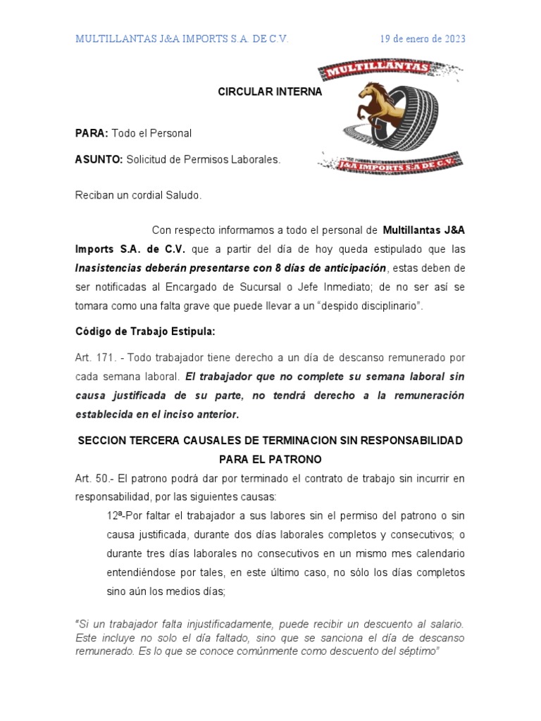 CIRCULAR INTERNA Permisos Laborales | PDF | Negocios
