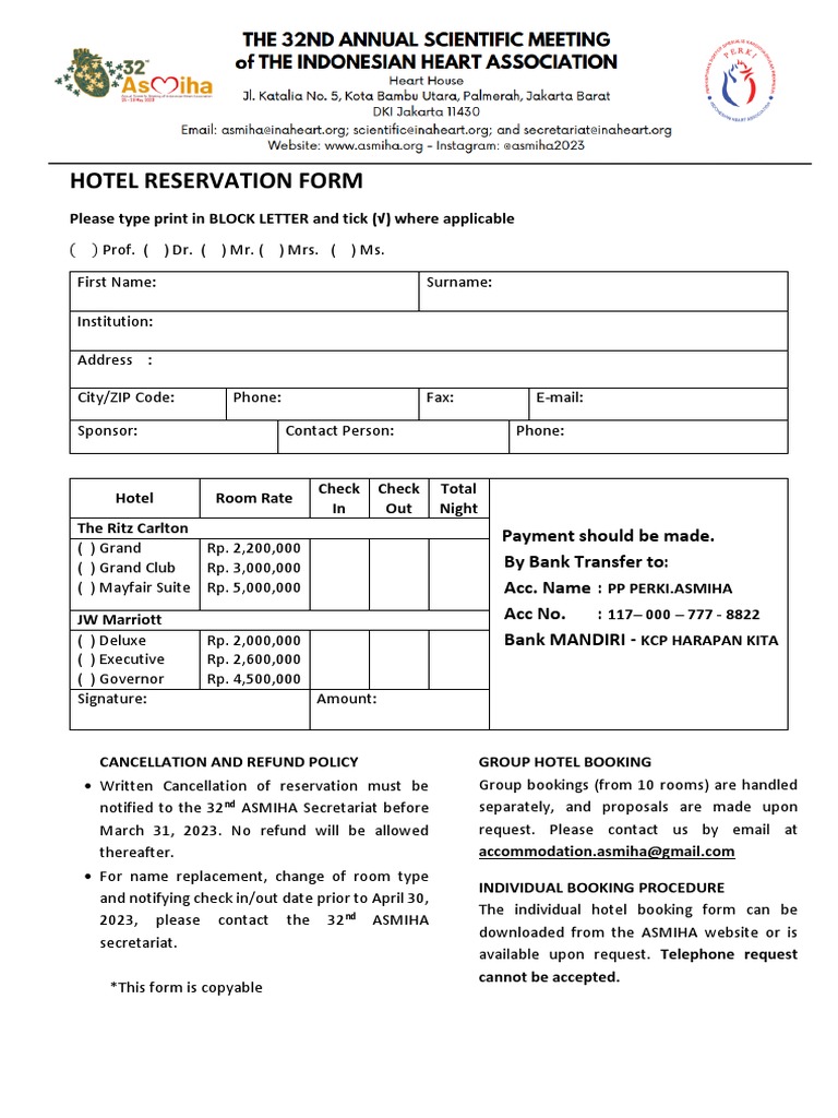 Hotel Reservation Form 32nd ASMIHA | PDF
