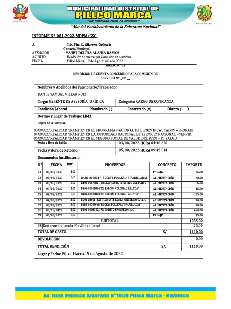 Informe #081 Rendición de Viáticos | PDF