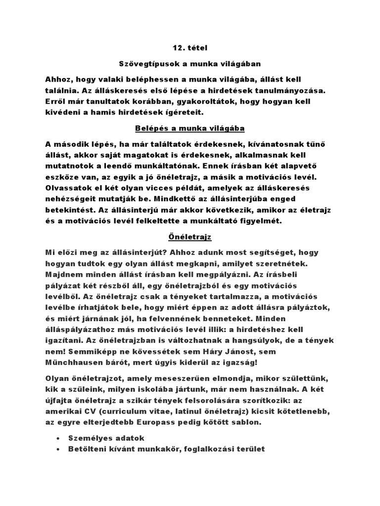 Tétel - Szövegtípusok A Munka Világában | PDF