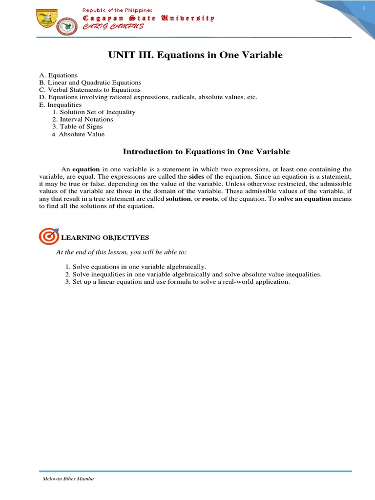 Solving Equations in One Variable: An Introduction to Key Concepts and Methods | PDF | Equations ...