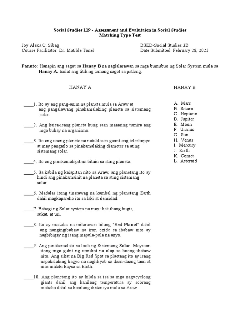 MATCHING TYPE Test - Joy Alexa Sibag | PDF