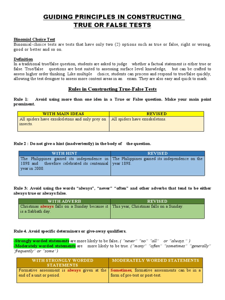 Docs Guiding Principles in Constructing True or False | PDF | Multiple Choice