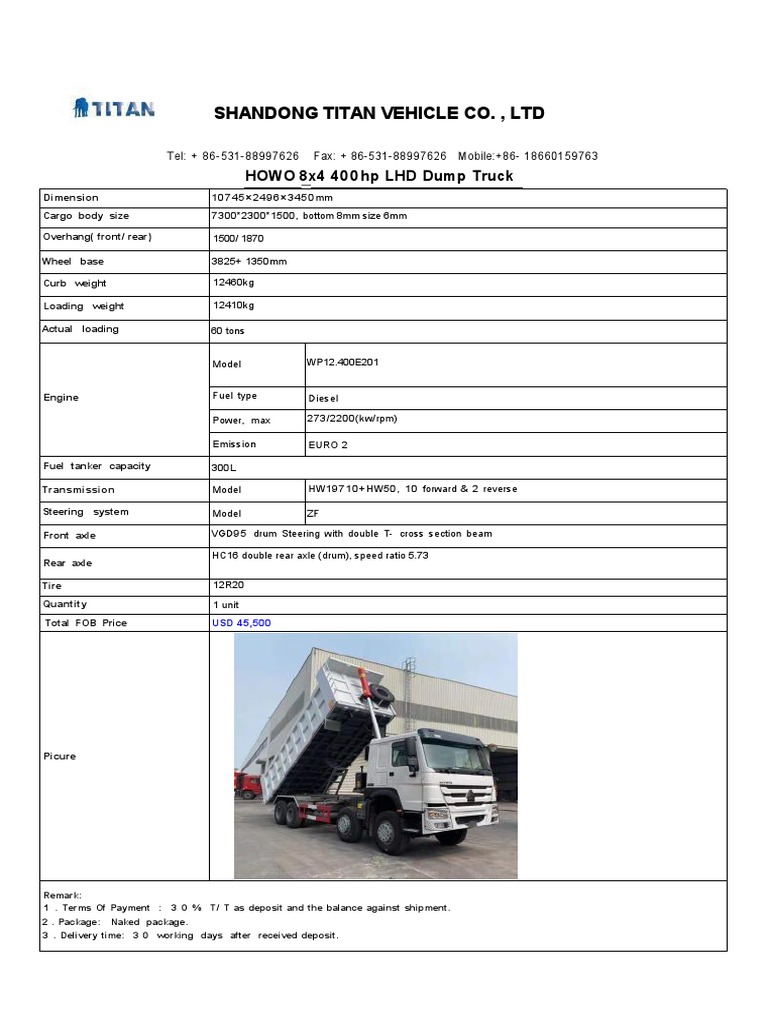 Quotation of Howo 8x4 400hp LHD Tipper Truck by Ella230308 | PDF
