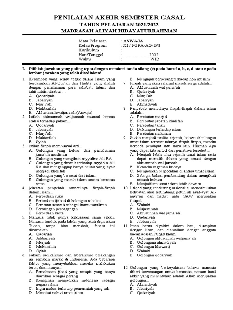 Soal Aswaja 2022 Kelas 11 | PDF