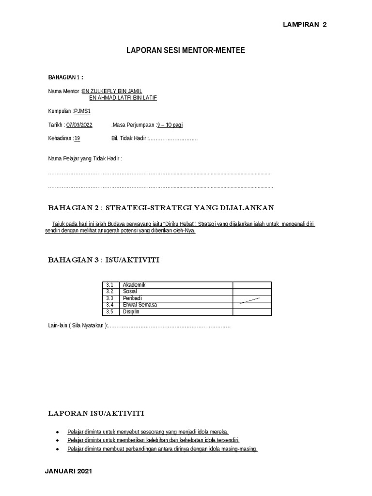 Laporan Sesi Mentor-Mentee PJMS1 | PDF | Ilmu Sosial | Pengembangan Diri