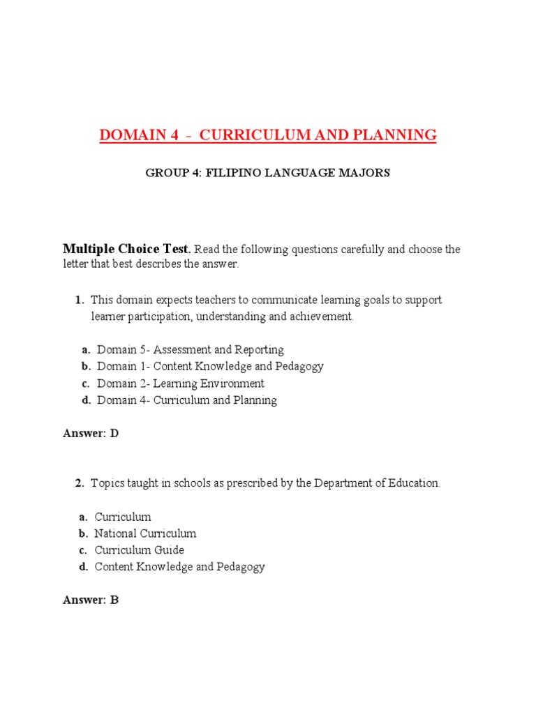 Domain 4 Group I Multiple Choice | PDF | Curriculum | Educational ...