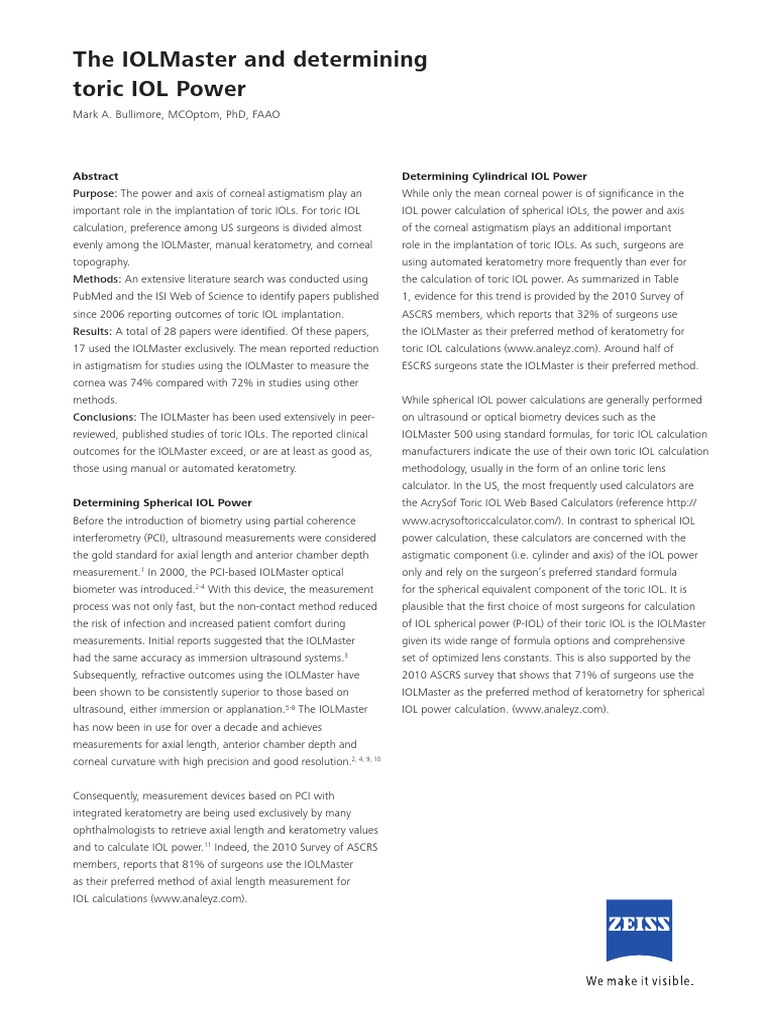 IOLMaster 500 Paper Bullimore Iolmaster Determining Toric Iol Power ...