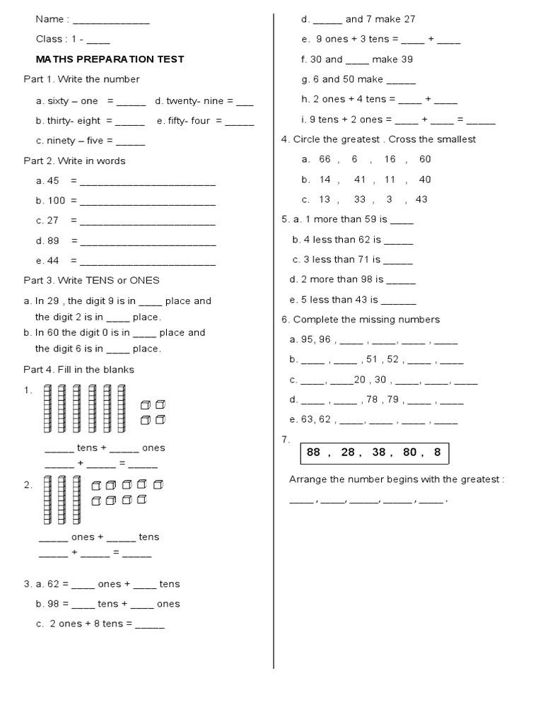 Maths Preparation Test Counting To 100 1920 | PDF