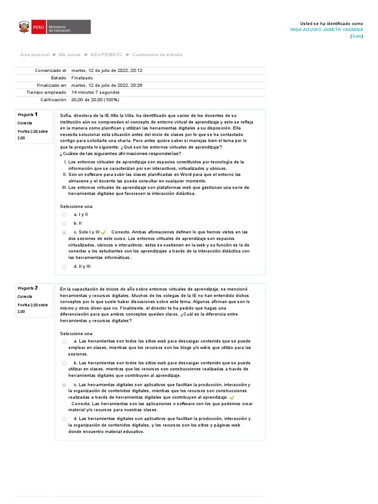 Cuestionario de Entrada PERU EDUCA GESTION DE ENTORNOS VIRTUALES | PDF | Red mundial | Internet ...