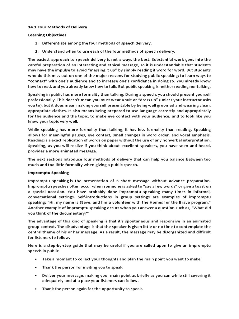 Four Methods of Speech Delivery: Understanding the Pros and Cons of ... Four Methods of Speech Delivery: Understanding the Pros and Cons of ...