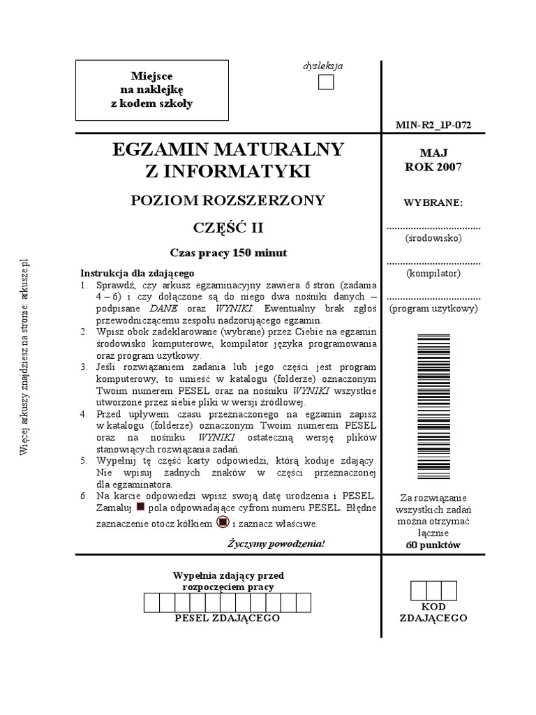 Informatyka 2007 Maj Matura Rozszerzona 2 | PDF