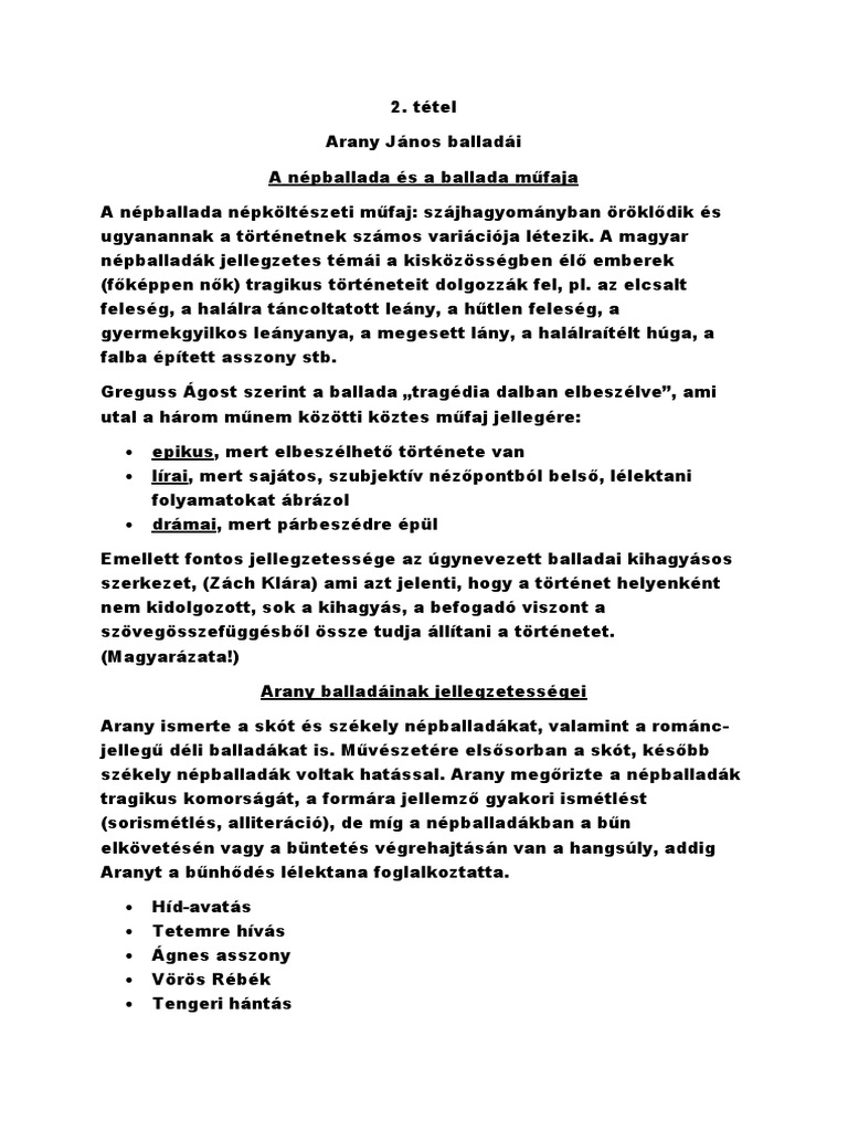 Tétel - Arany János Balladái | PDF