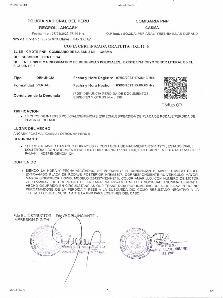 Certificado de Denuncia Por Perdida de Placa - BMS-897 | PDF