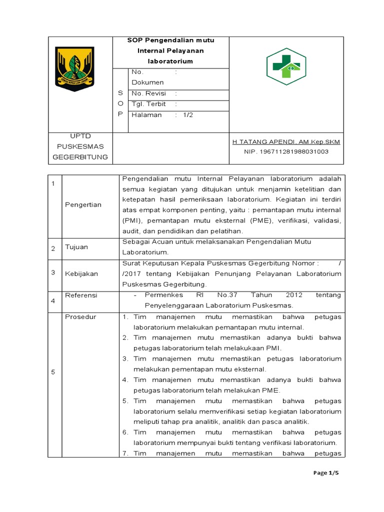 SOP PENGENDALIAN MUTU LABORATORIUM gerbi | PDF