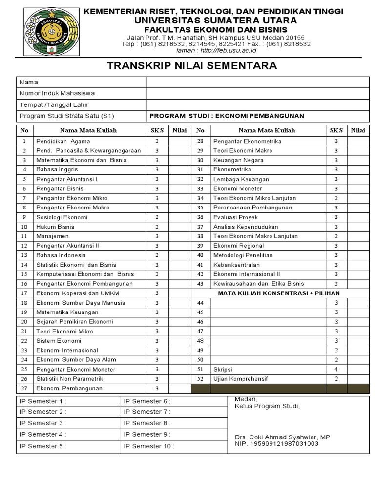 Form Kosong Transkrip Sementara | PDF