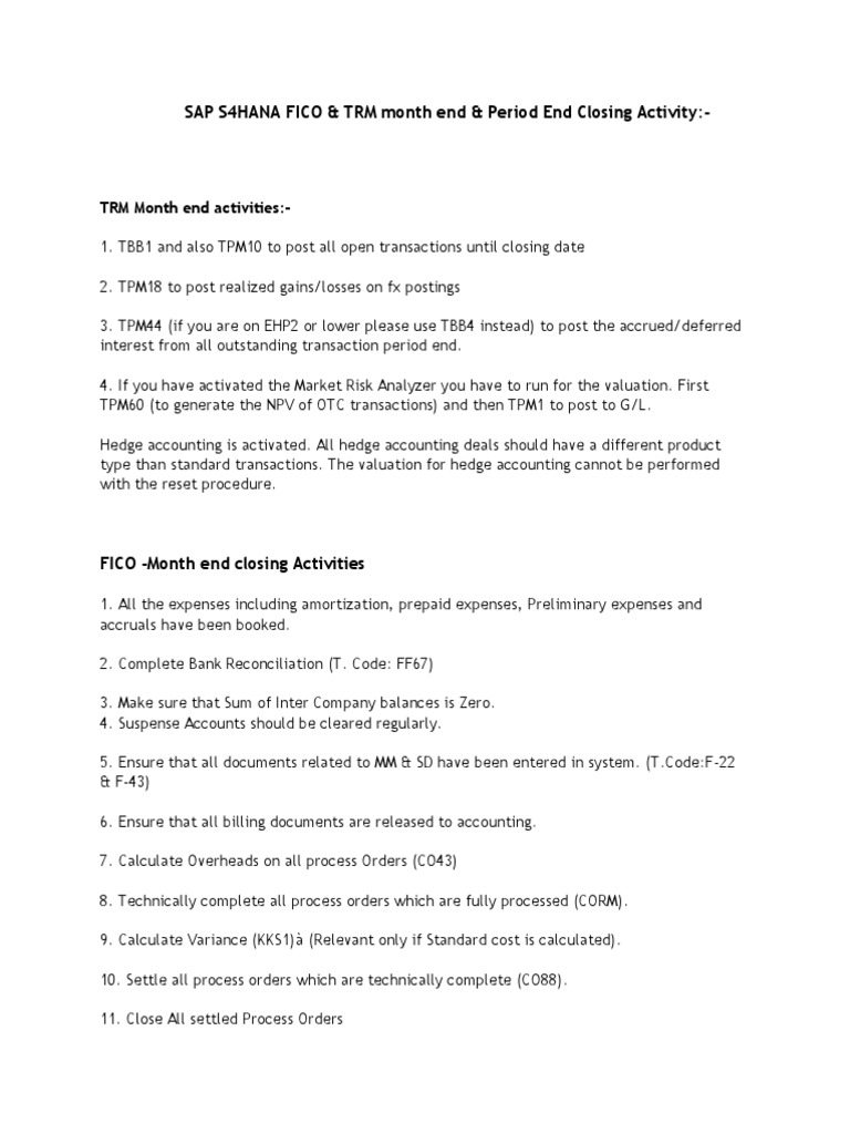 SAP S4HANA FICO & TRM Month End & Period End Closing Activity | PDF ...