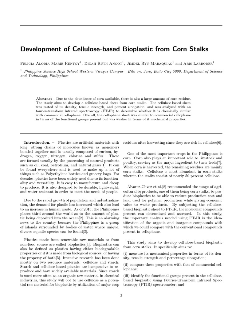 Development of Cellulose Based Bioplastic From Corn Stalks PDF | PDF ...