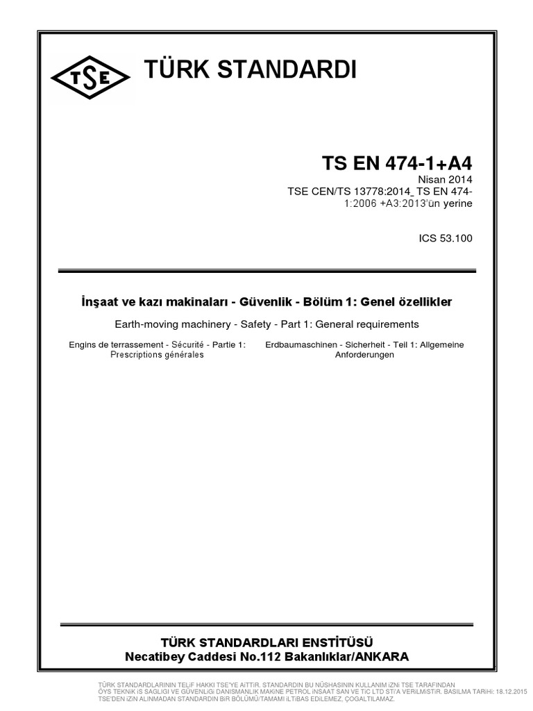 Türk Standardi: TS EN 474-1+A4 | PDF