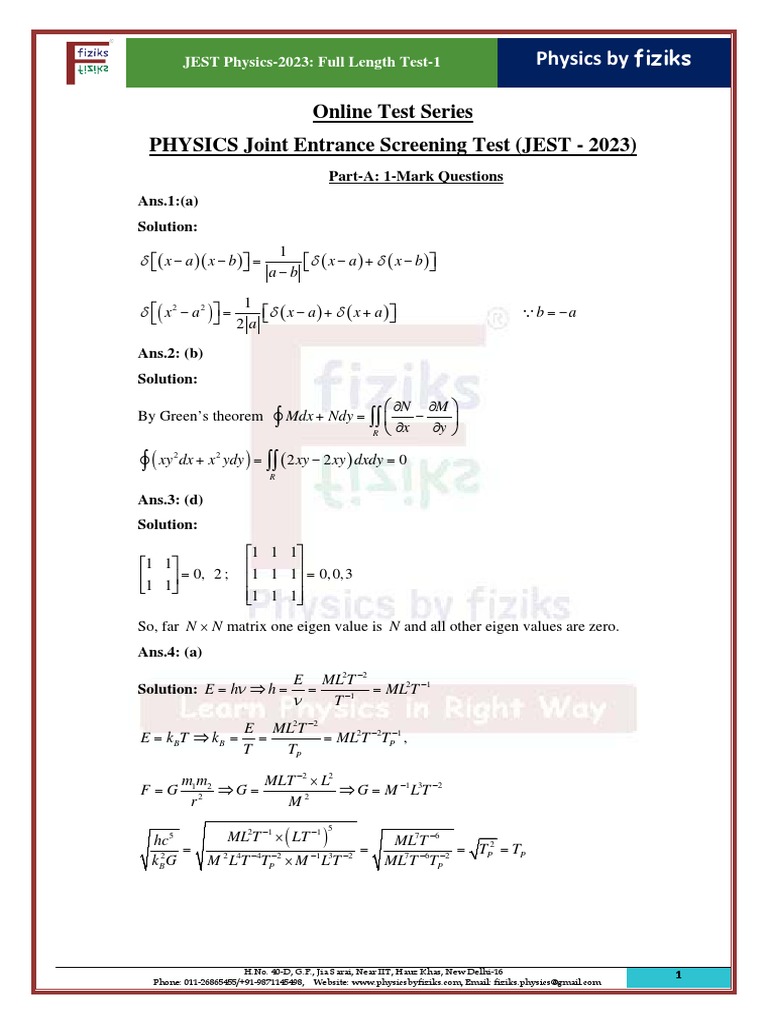 JEST-2023 - FLT-1 (Solution File) | PDF | Physical Quantities | Theoretical Physics