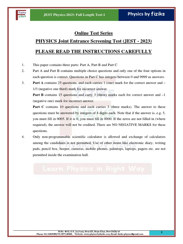 JEST-2023 - FLT-1 (Question File) | PDF