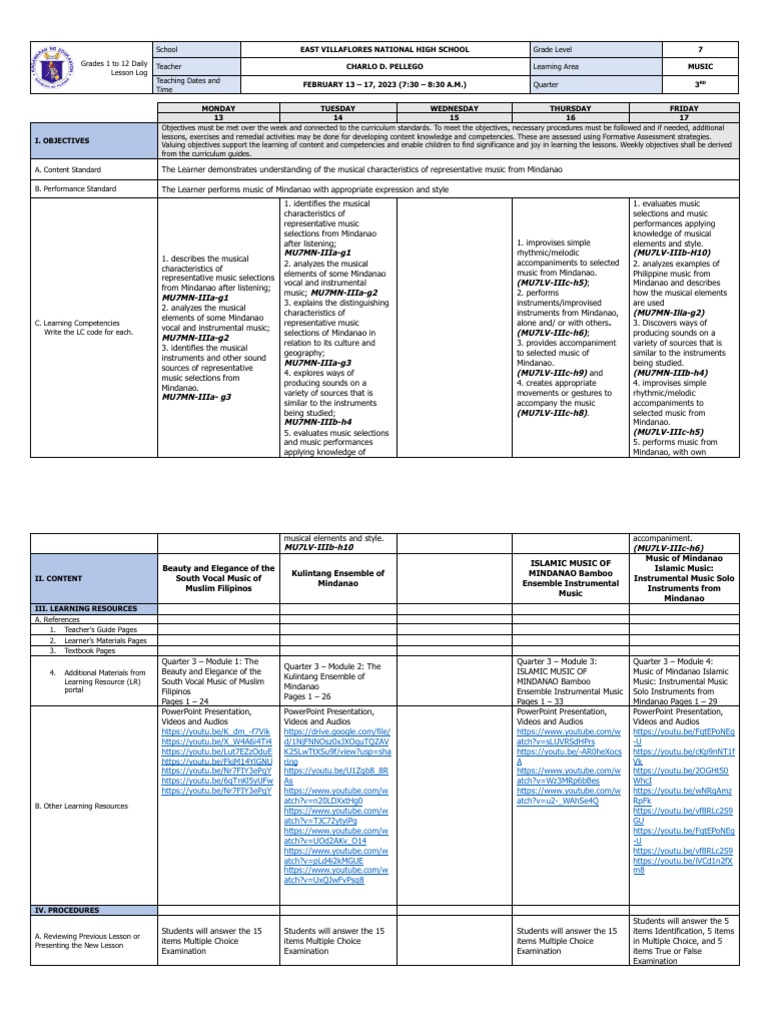 Mindanao Music Lesson Plan for Grade 7 | PDF | Learning | Curriculum