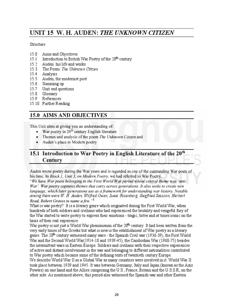 Auden's "The Unknown Citizen" Analysis | PDF | Poetry