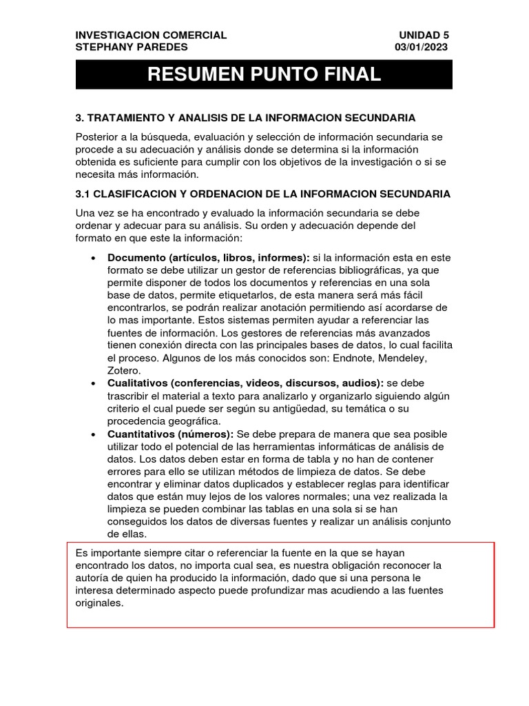 Resumen Unidad 5 Investigacion Comercial | PDF | Información | Software