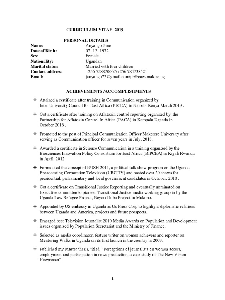 Jane Anyango CV | PDF | Uganda | News
