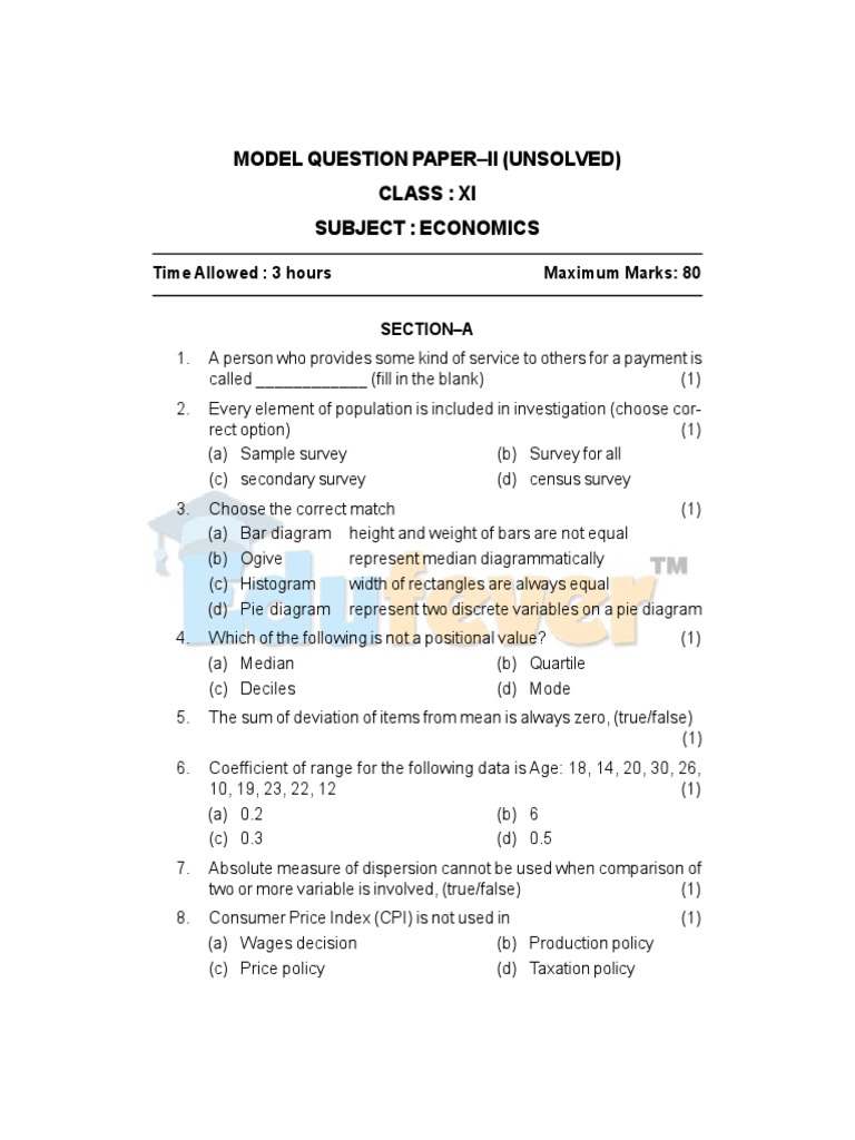 Class XI Economics Model Question Paper | PDF | Demand Curve | Demand