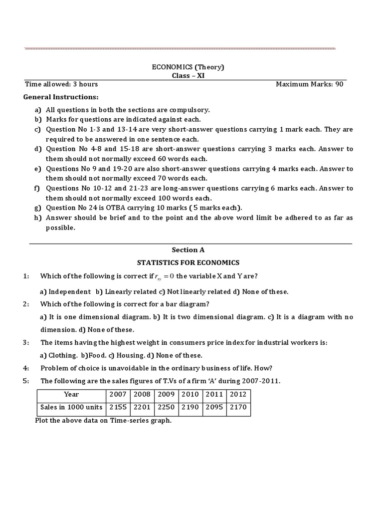Class 11 Economics Sample Paper-4 | PDF | Price Indices | Economies