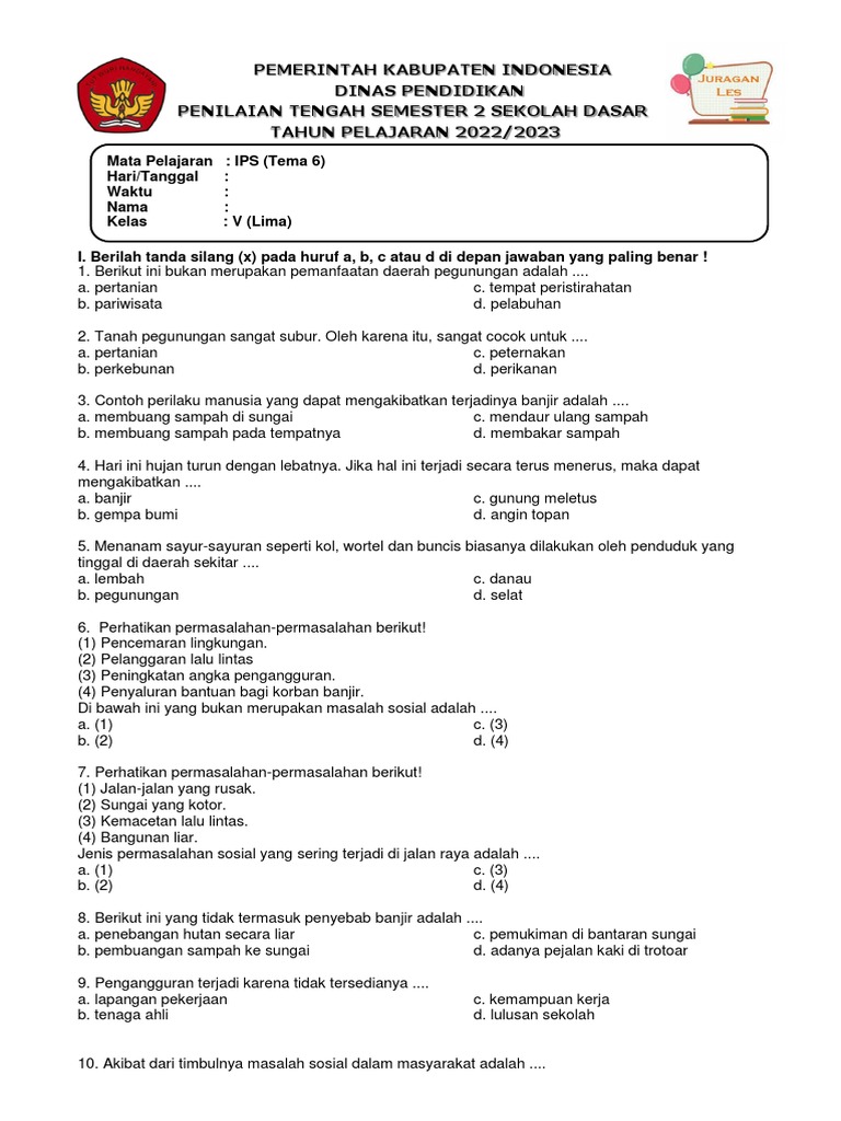 Soal Tema 6 Kelas 5 Semester 2 T.A 2022-2023 Mapel IPS | PDF