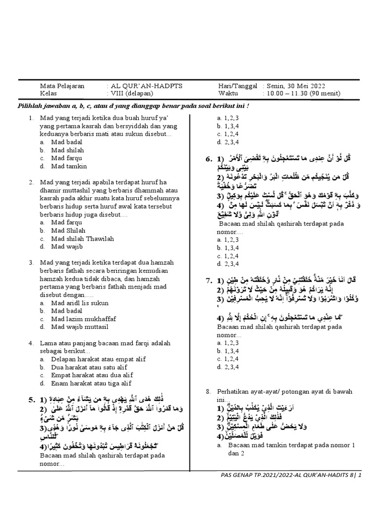 Soal Al Quran Hadits 8 | PDF