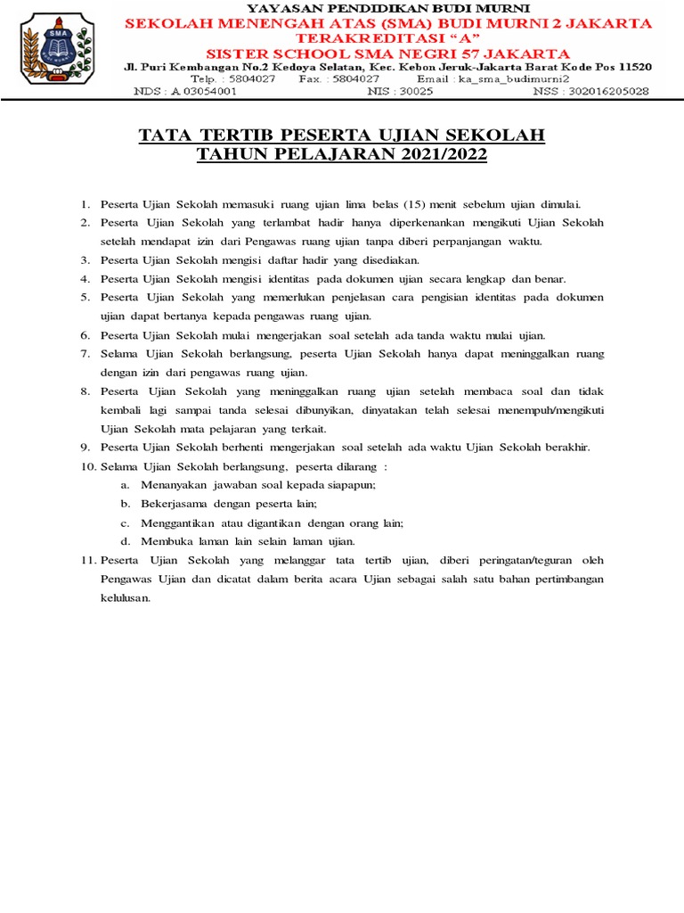 Tata Tertib Peserta Ujian Sekolah 2022 | PDF