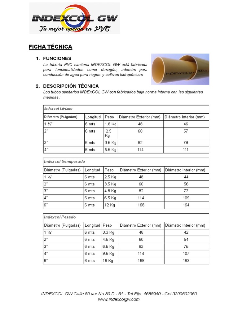 Tuberia PVC IndexcolGW | PDF | Tubería (transporte de fluidos) | Química