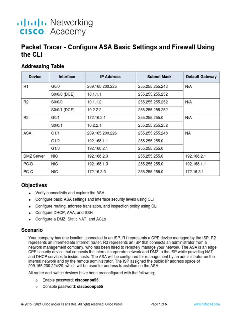 21.7.5 Packet Tracer - Configure ASA Basic Settings and Firewall Using The CLI - ITExamAnswers ...