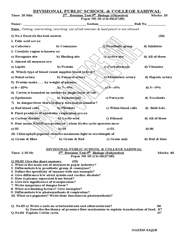 Bio 9th Paper 03 | PDF | Teaching Methods & Materials