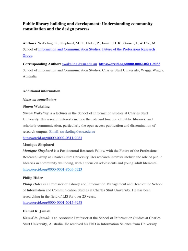Public Library Building and Development - Understanding Community Consultation and The Design ...