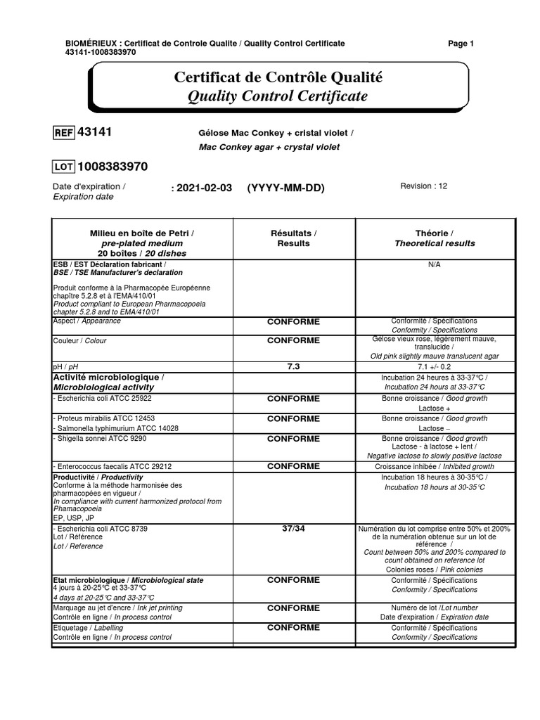 QC Certificate - 1008383970 - 12 - 43141 | PDF | Bactérie | Microbiologie