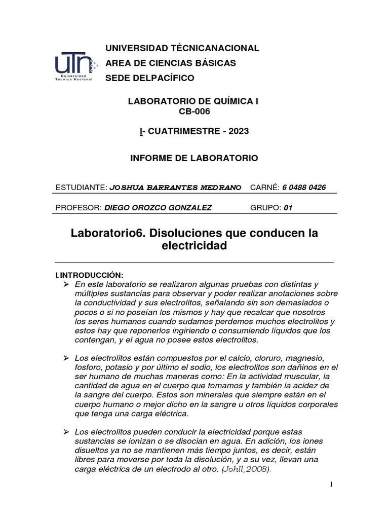 Informe #6 DISOLUCIONES QUE CONDUCEN ELECTRICIDAD | PDF | Electrólito | Química