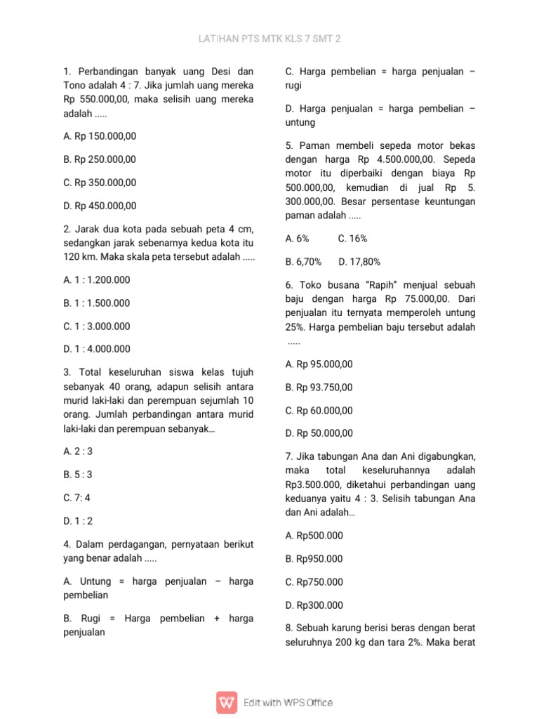 Soal PTS MTK Kls 7 SMT 2 PDF | PDF | Metode & Bahan Ajar