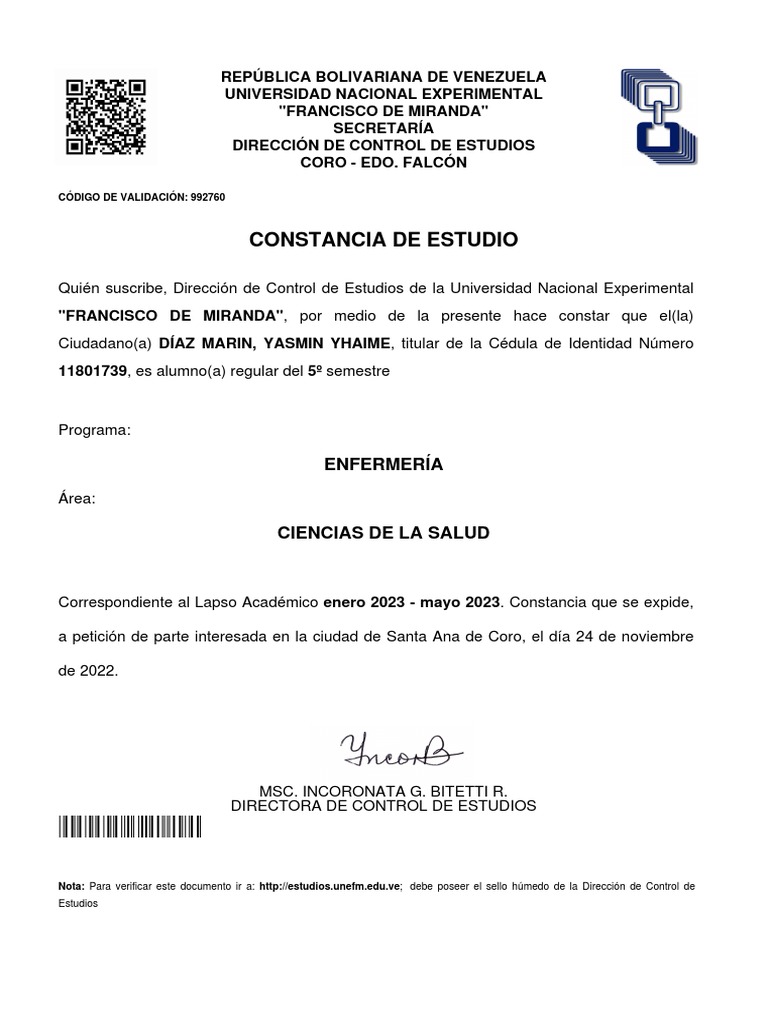 Constancia de Estudio: Enfermería | PDF