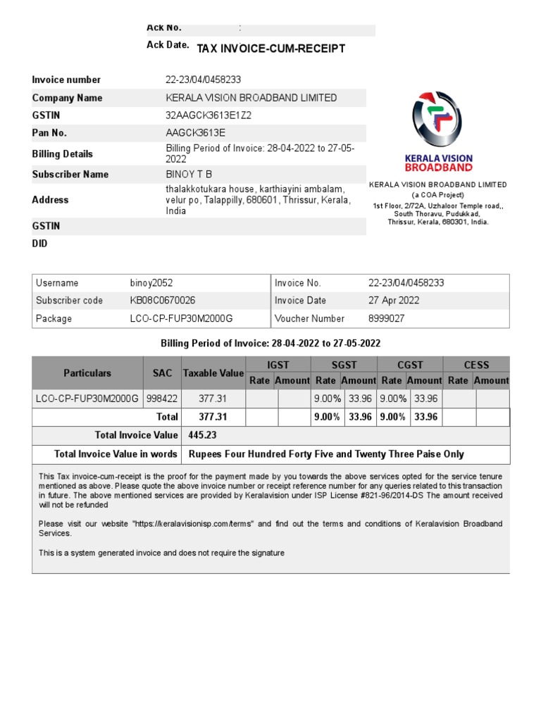 Keralavision | PDF | Invoice | Receipt