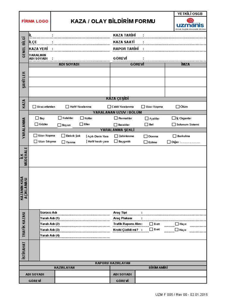 Uzm F 005 Kaza Olay Bi̇ldi̇ri̇m Formu | PDF