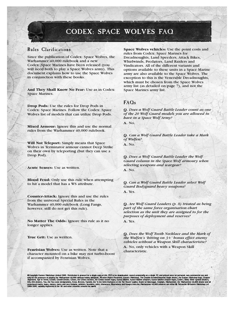 Warhammer 40k - 5E FAQs & Errata - Space Wolves (07-2008) PDF | PDF | Campaign Settings