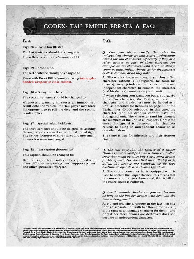 Warhammer 40k - 5E FAQs & Errata - Tau (07-2008) PDF | PDF