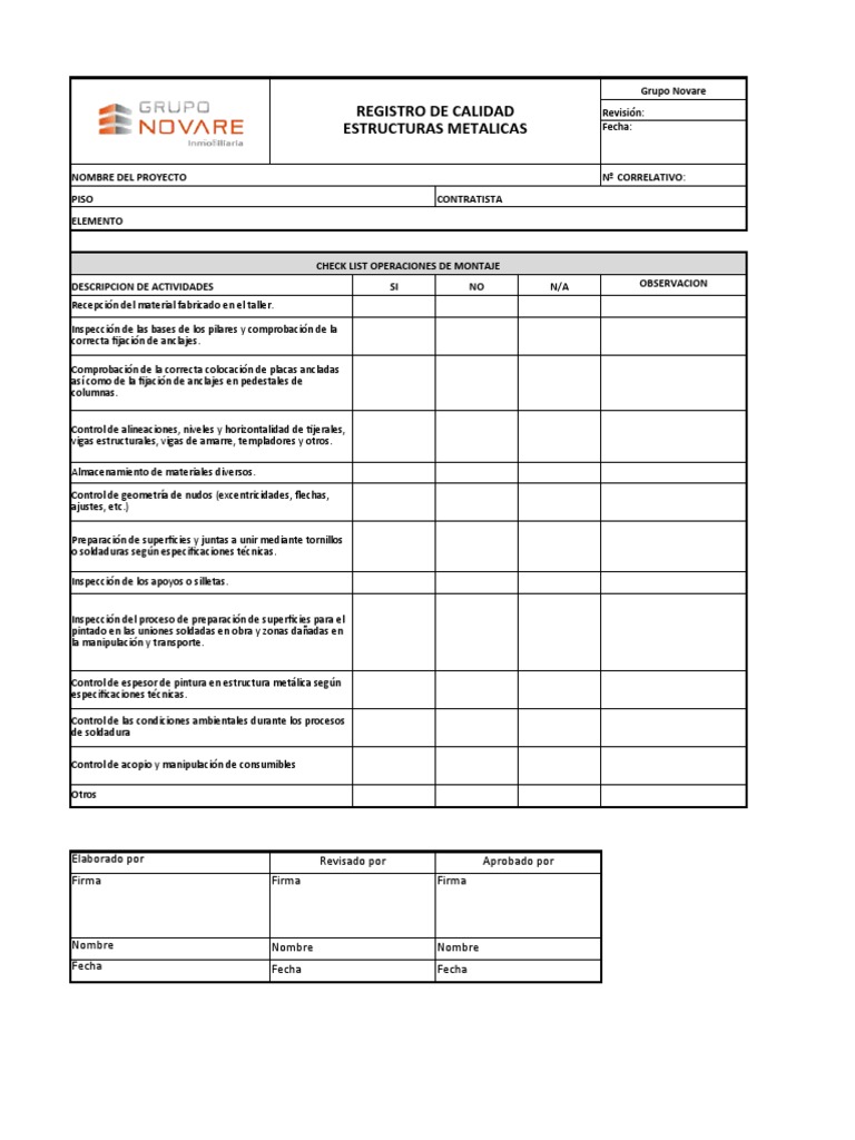 Registro de calidad para el montaje de estructuras metálicas en un ...