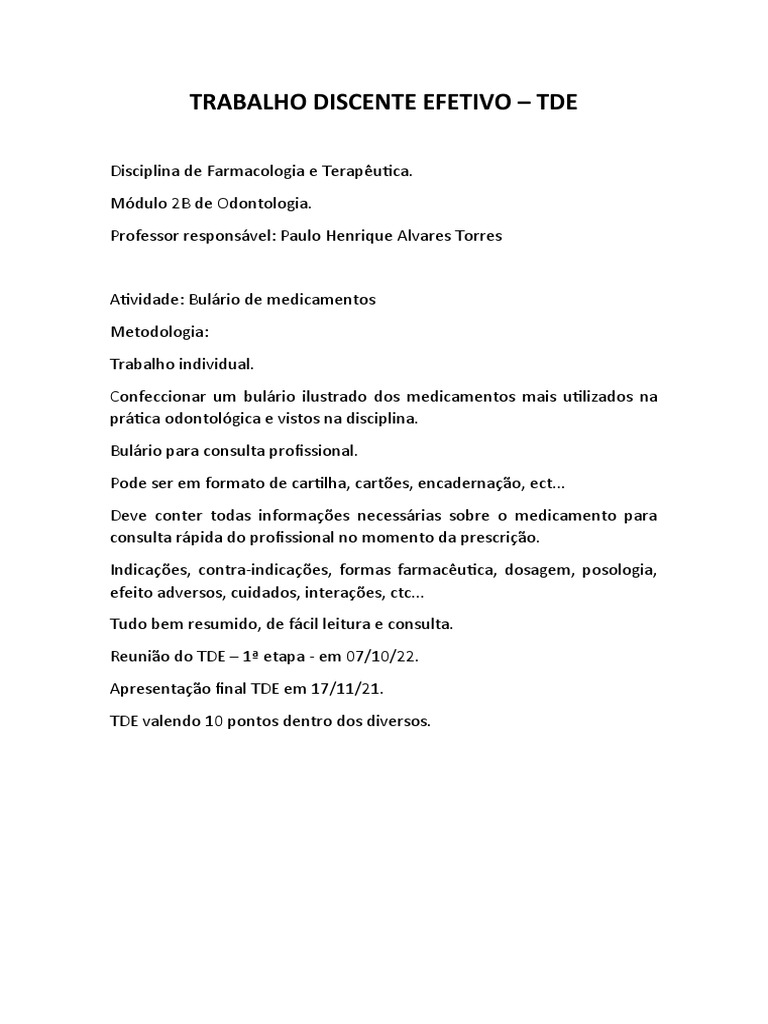 TRABALHO DISCENTE EFETIVO - Bulário - Diurno e Noturno | PDF | Autoajuda | Bem-estar