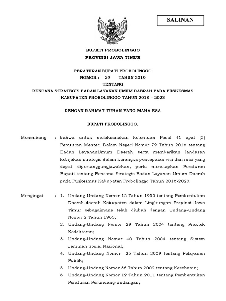 Perbup. No 59 Tahun 2019 Tentang Renstra Blud Pada Puskesmas Kab - Prob - Tahun 2018 2023 PDF | PDF